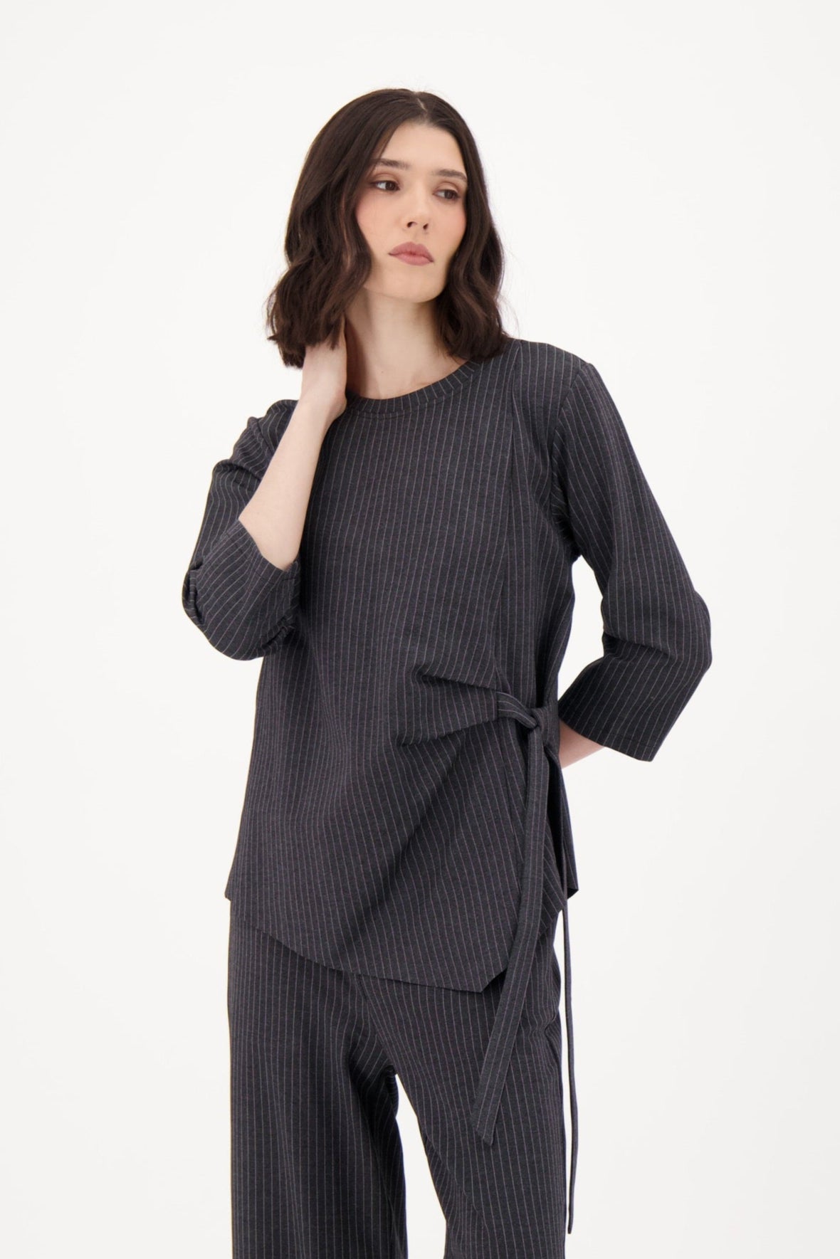 Pinstripe Asymmetric Side Tie Top